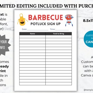 BBQ Potluck Sign up Sheet Template Summer Barbecue Potluck Sign up ...