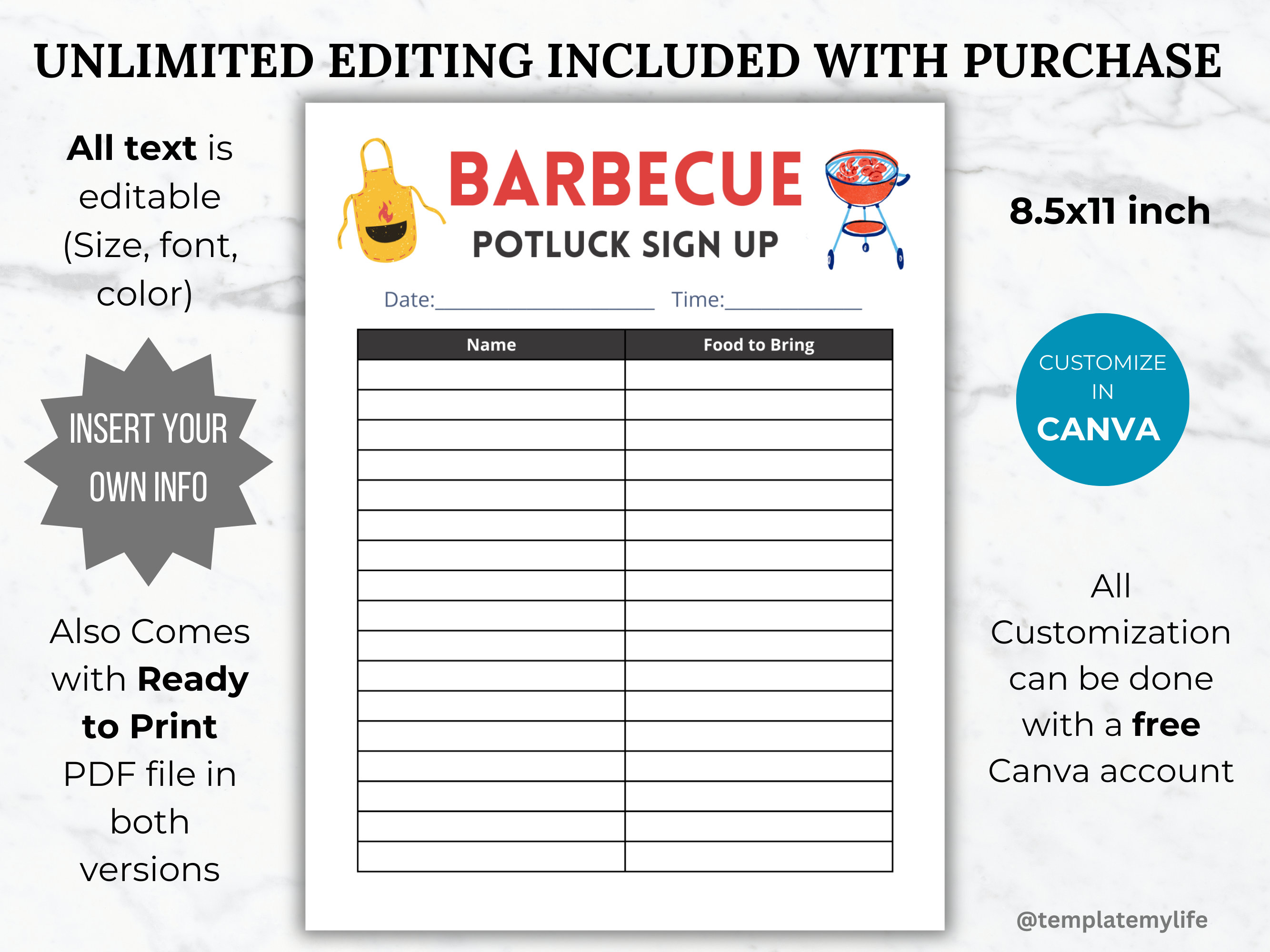 BBQ Potluck Sign up Sheet Template Summer Barbecue Potluck Sign up ...