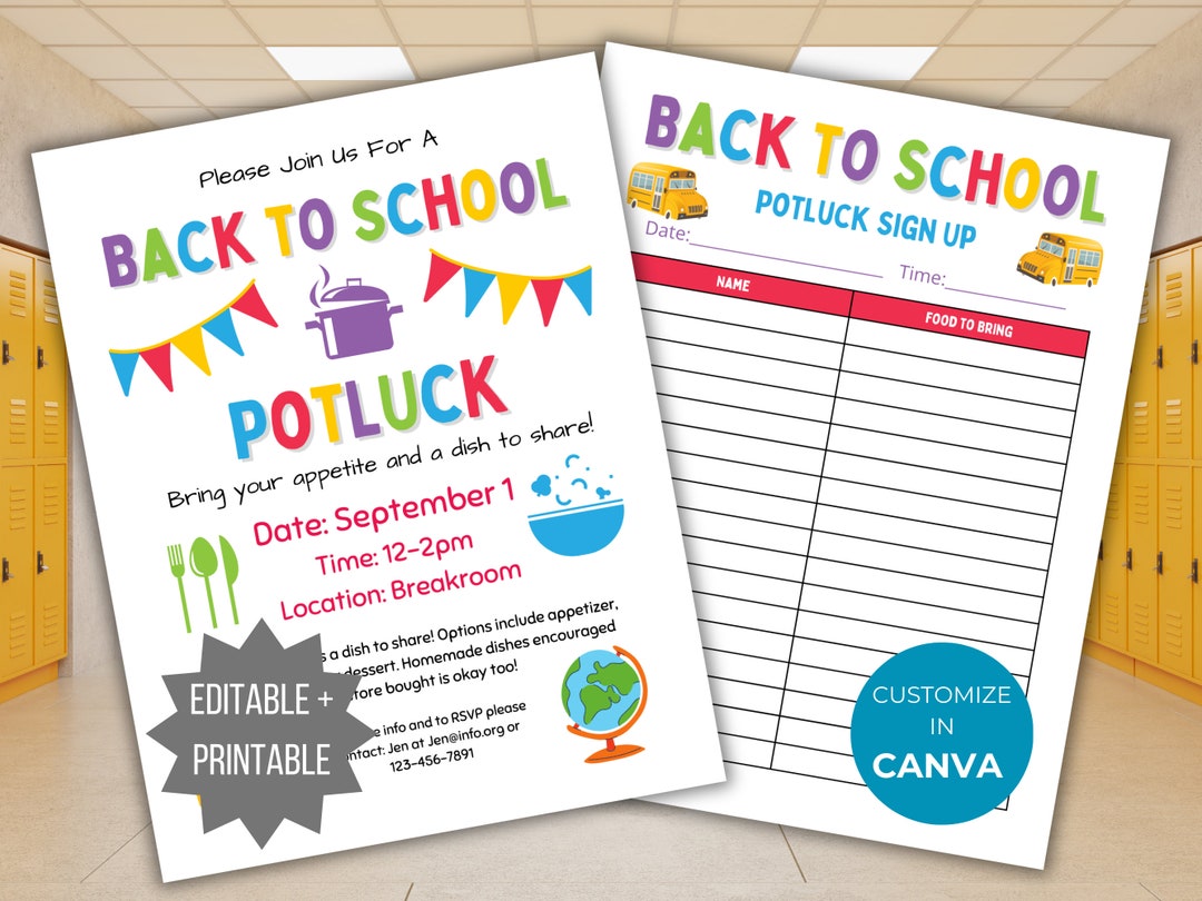 Back to School Potluck Invite Template Potluck Sign up Sheet Flyer ...