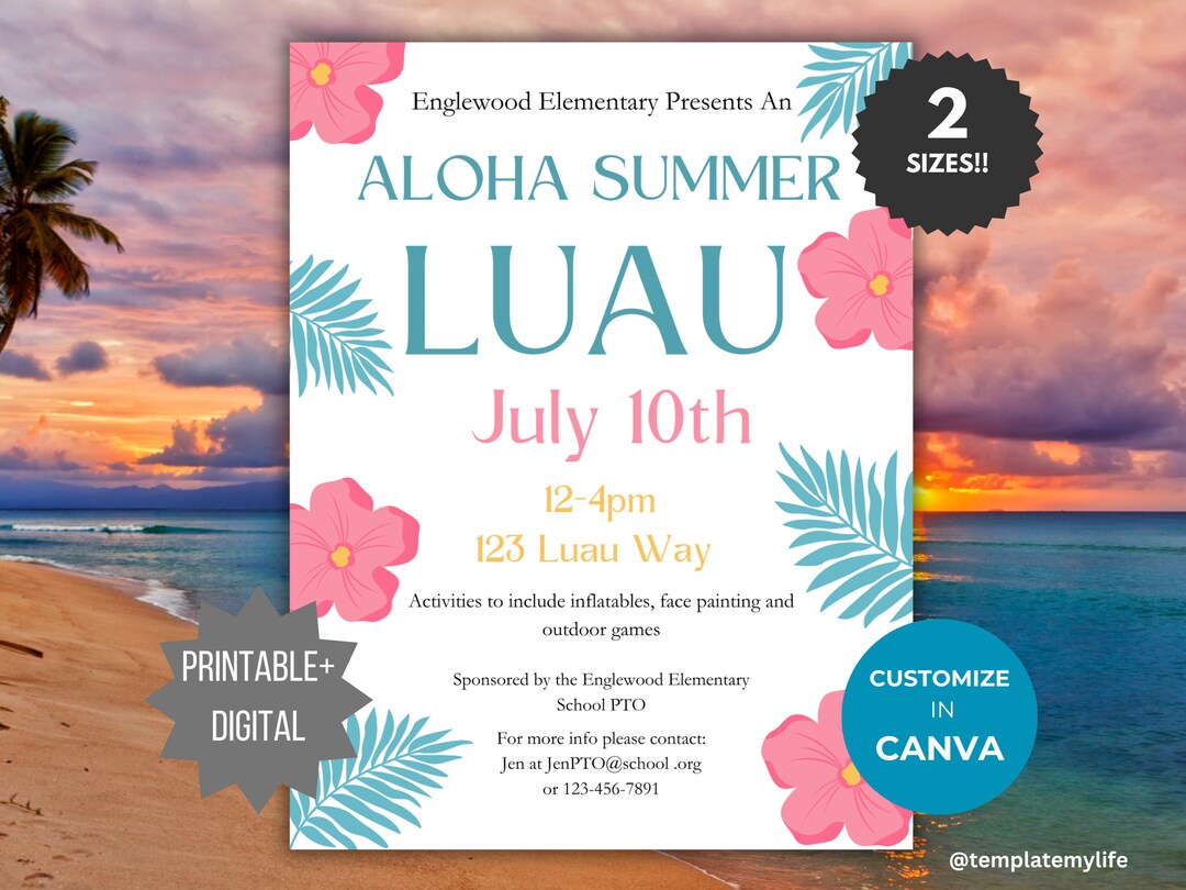Summer Luau Flyer Template PTO School Party Invitation Editable School ...