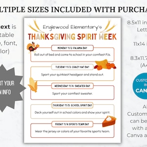 Thanksgiving Spirit Week Flyer Printable School Spirit Flyer Editable ...