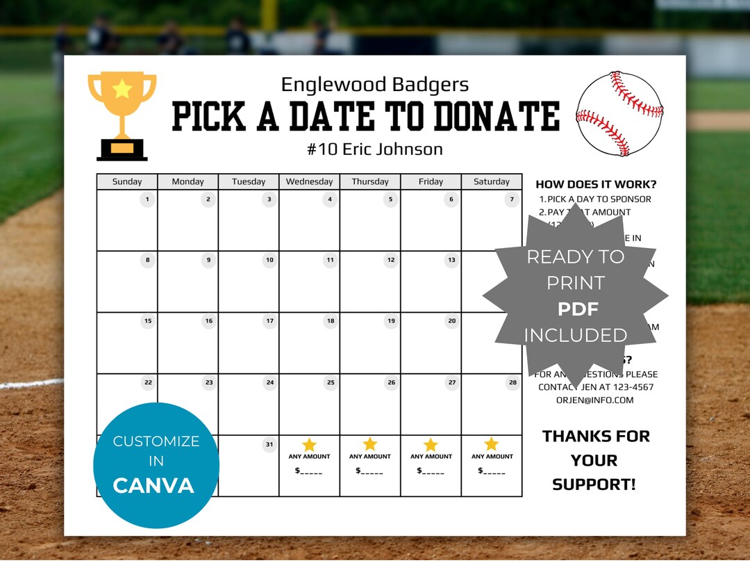 Baseball Pick a Date to Donate Template Baseball League Fundraiser ...