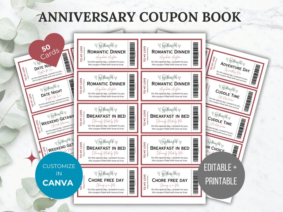 Coupon Book for Her Anniversary Printable Gift Editable Love Coupons ...