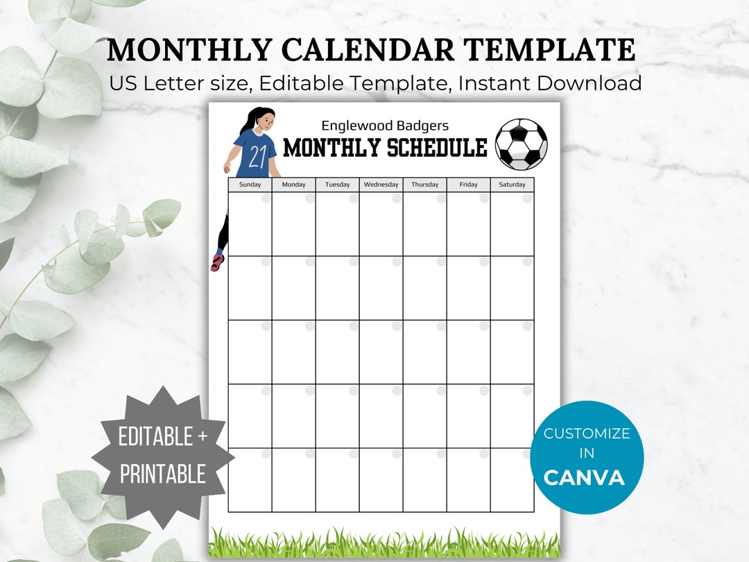 Soccer Season Calendar Template Monthly Soccer Game Schedule Editable ...