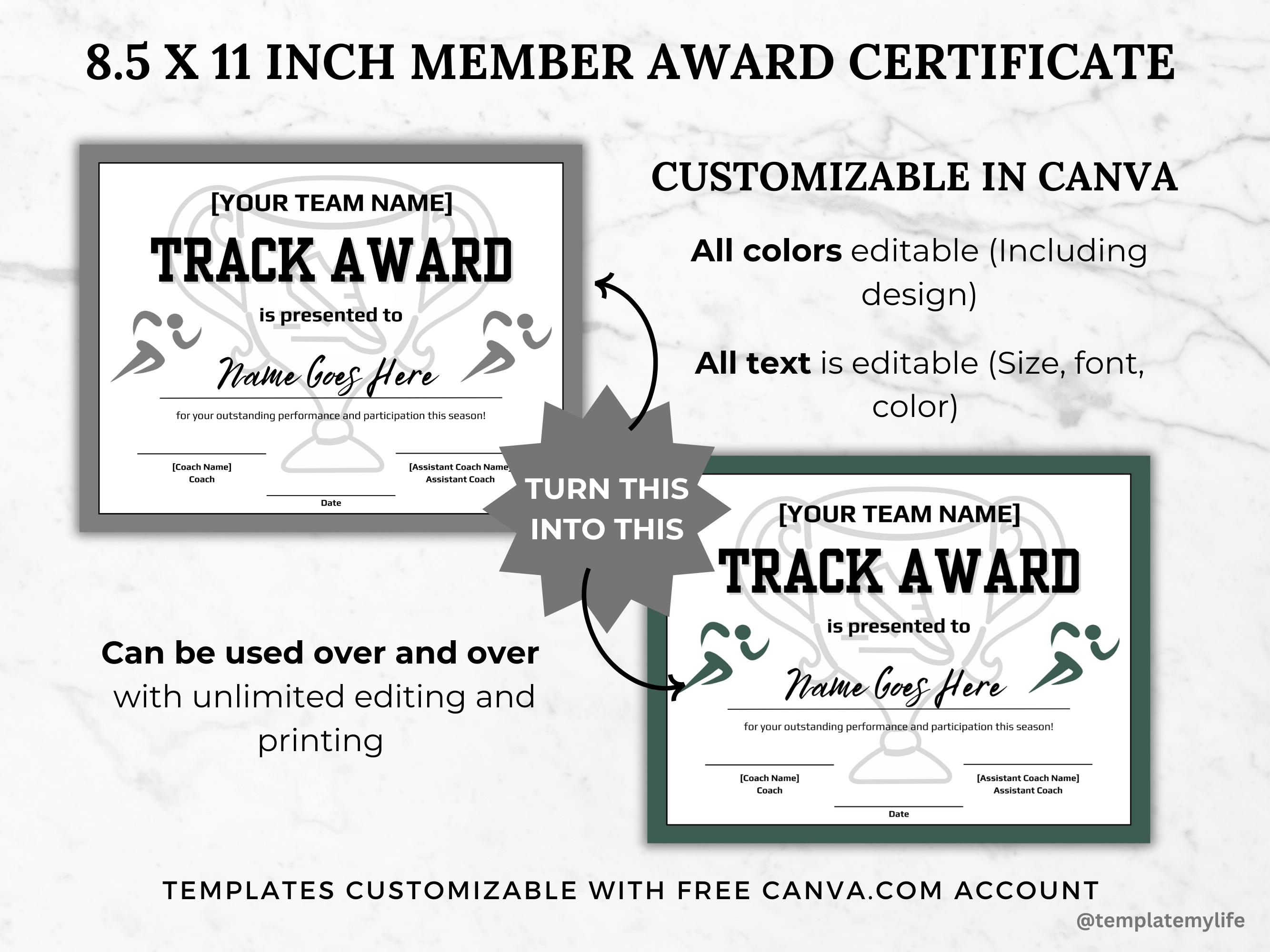 Editable Track Award Certificate Template Team Player Participation ...
