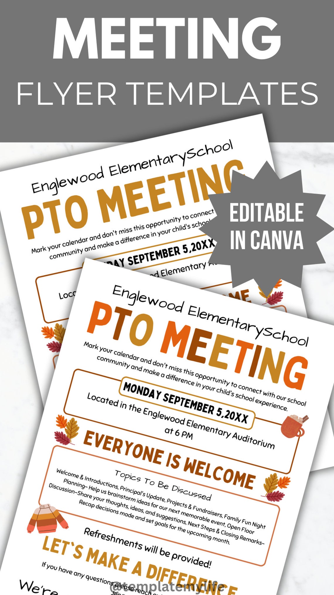 Fall PTA Meeting Flyer Printable PTO Fall Meeting Flyer Editable ...