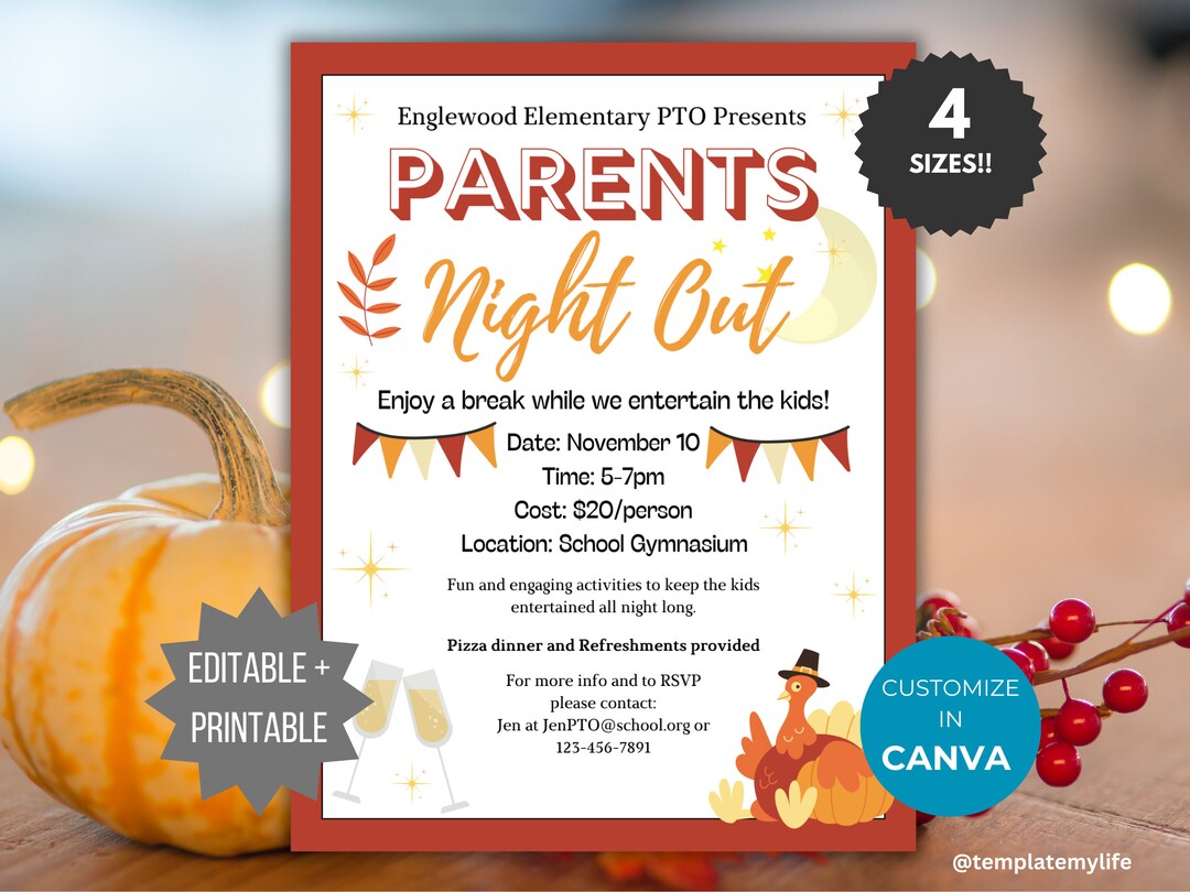 Thanksgiving Parent Night Out Flyer Template PTO Fall School Event PTA ...