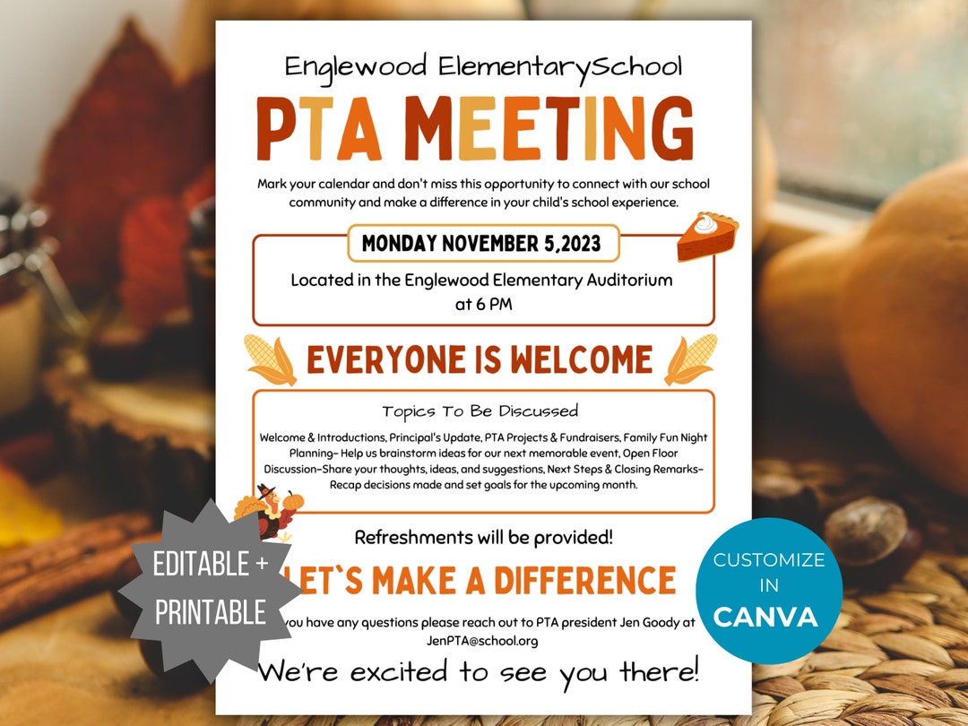 Thanksgiving PTA Meeting Flyer Printable PTO Fall Meeting Flyer ...