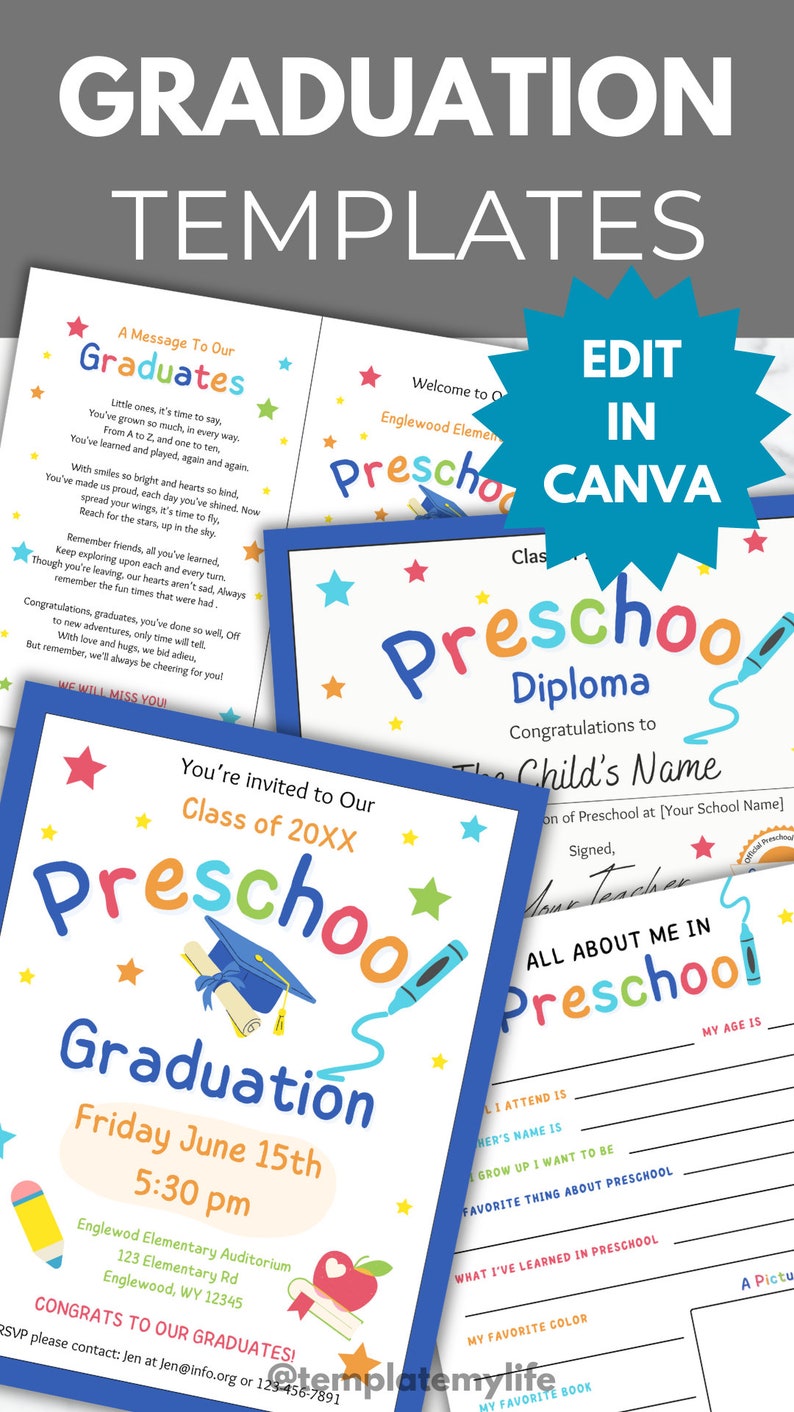 Preschool Graduation Invitation Editable Pre-k Graduation Ceremony ...