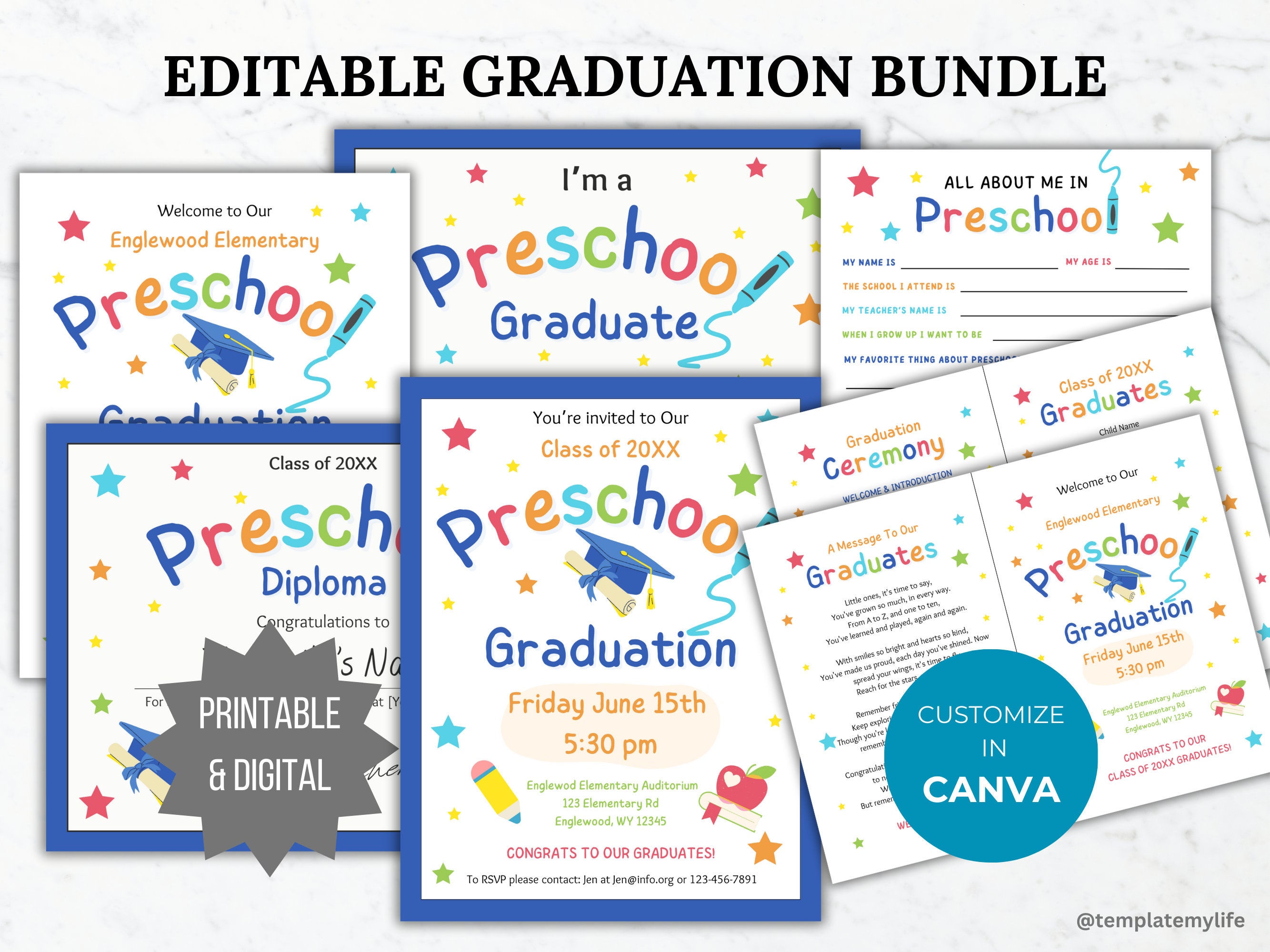 Preschool Graduation Invitation Editable Pre-k Graduation Ceremony ...