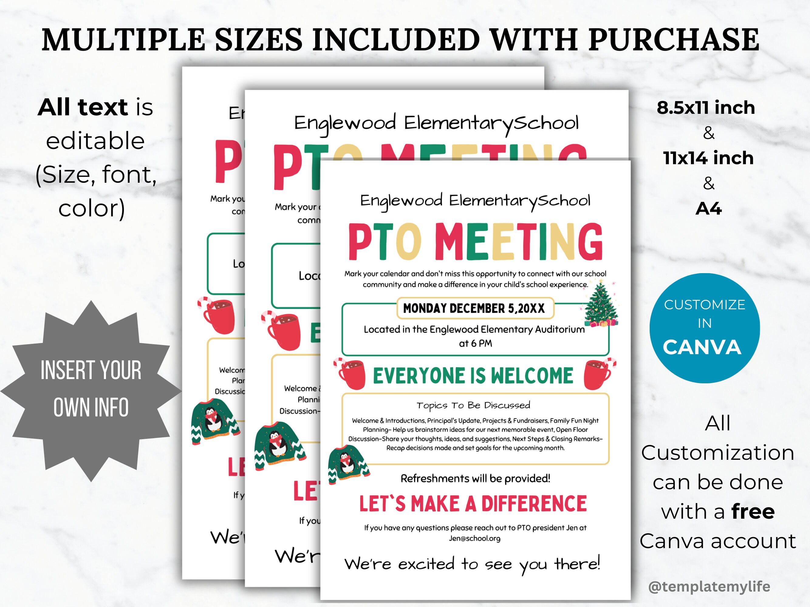 Christmas PTA Meeting Flyer Printable PTO Winter Meeting Flyer Editable ...