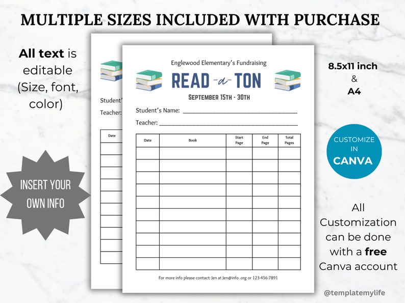 Reading Fundraiser Flyer Pledge Donation Form Book Log Bundle School ...