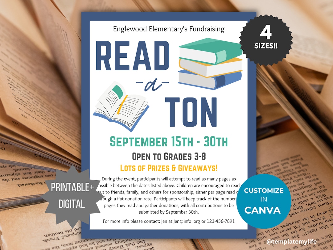 Reading Fundraiser Flyer Editable Read-a-ton Flyer PTA Printable School ...