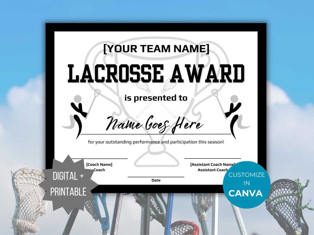 Editable Lacrosse Award Certificate Template Team Player Participation ...