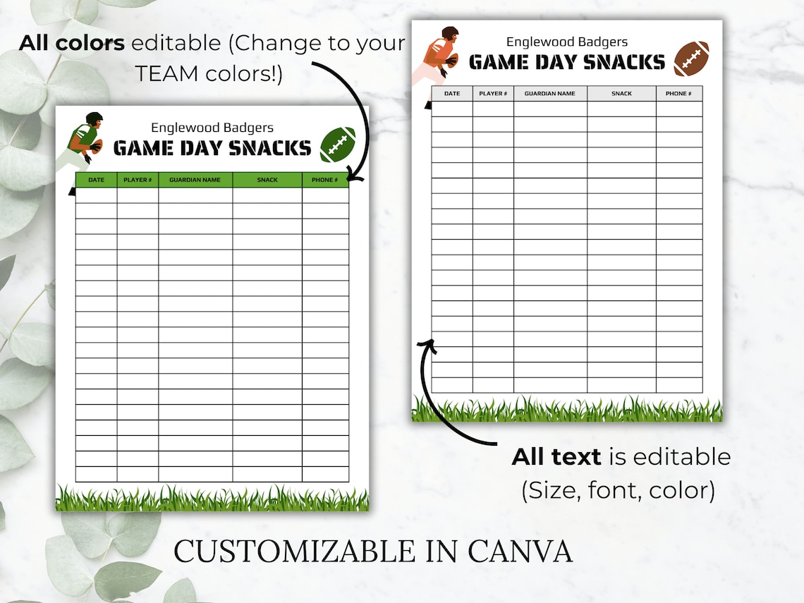 Football Game and Snack Schedule Template Bundle Football Snack Sign up ...