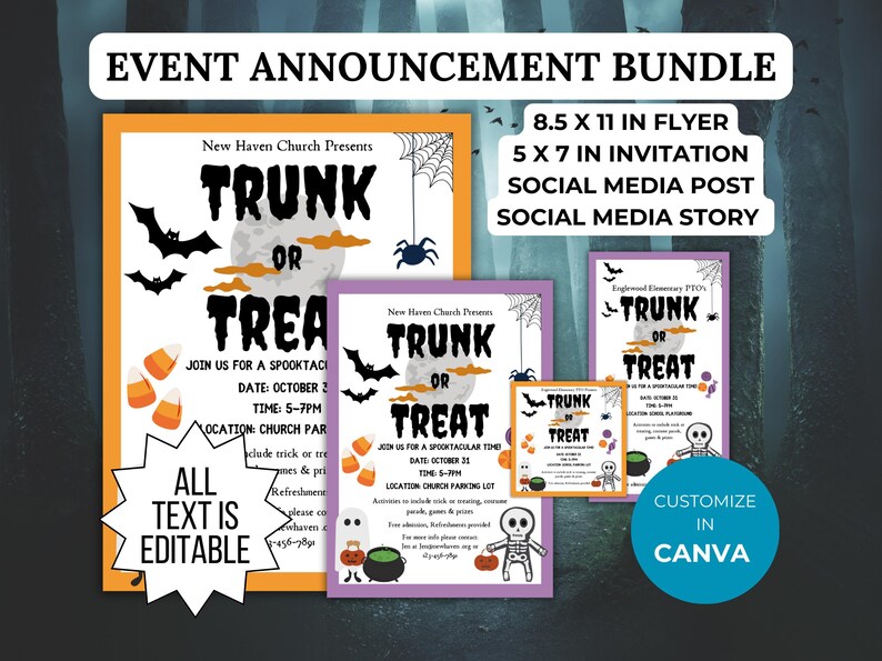 Trunk or Treat Flyer Invitation Template Bundle PTO PTA Halloween Party ...