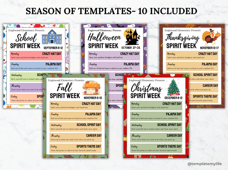 Seasonal Spirit Week Flyer Editable Template Bundle Pta Spirit Week ...