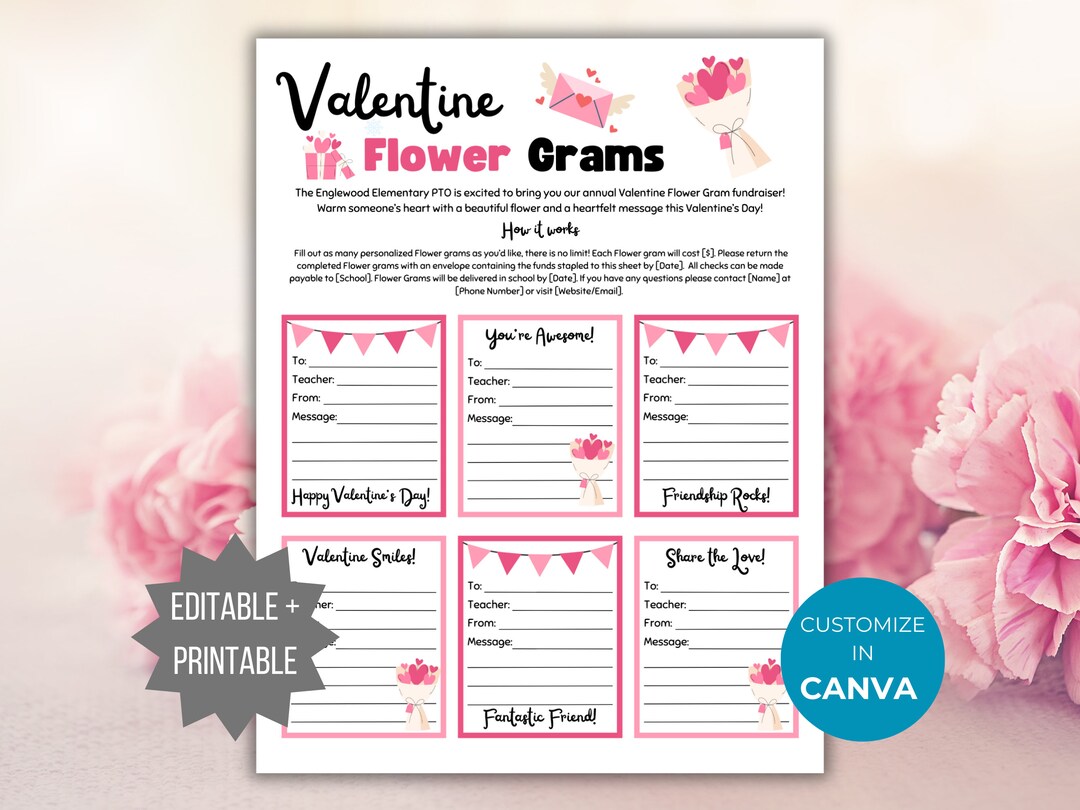 Valentine Flower Gram Flyer PTO Template Valentines Day Gram Printable ...