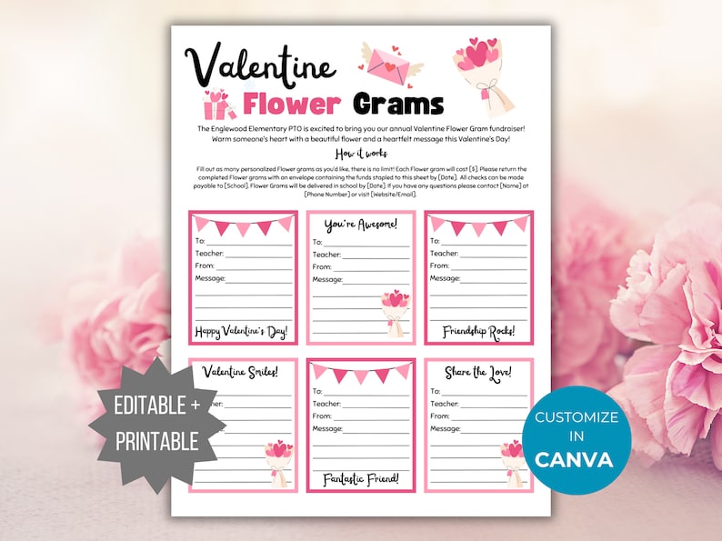 Valentine Flower Gram Flyer PTO Template Valentines Day Gram Printable ...
