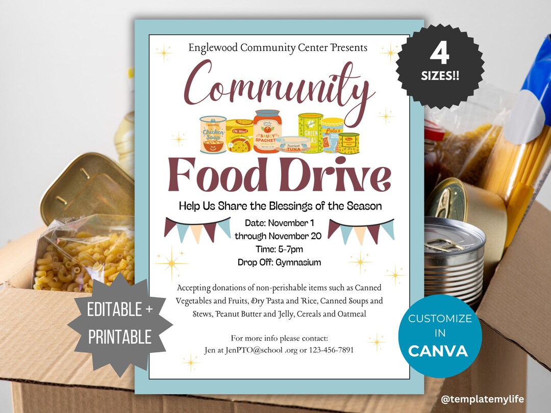 Food Drive Flyer Template Library Donation Sign Editable Food Donation ...