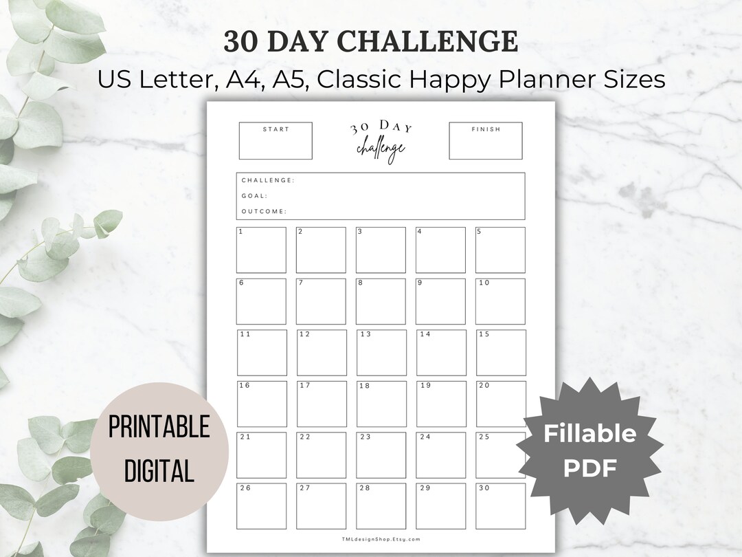 30 Day Challenge Tracker Printable Monthly Challenge Planner Daily ...