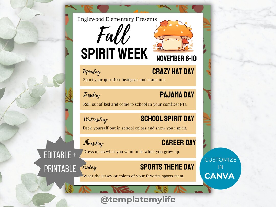 Fall Spirit Week Flyer Printable Office Spirit Flyer Template Fall ...