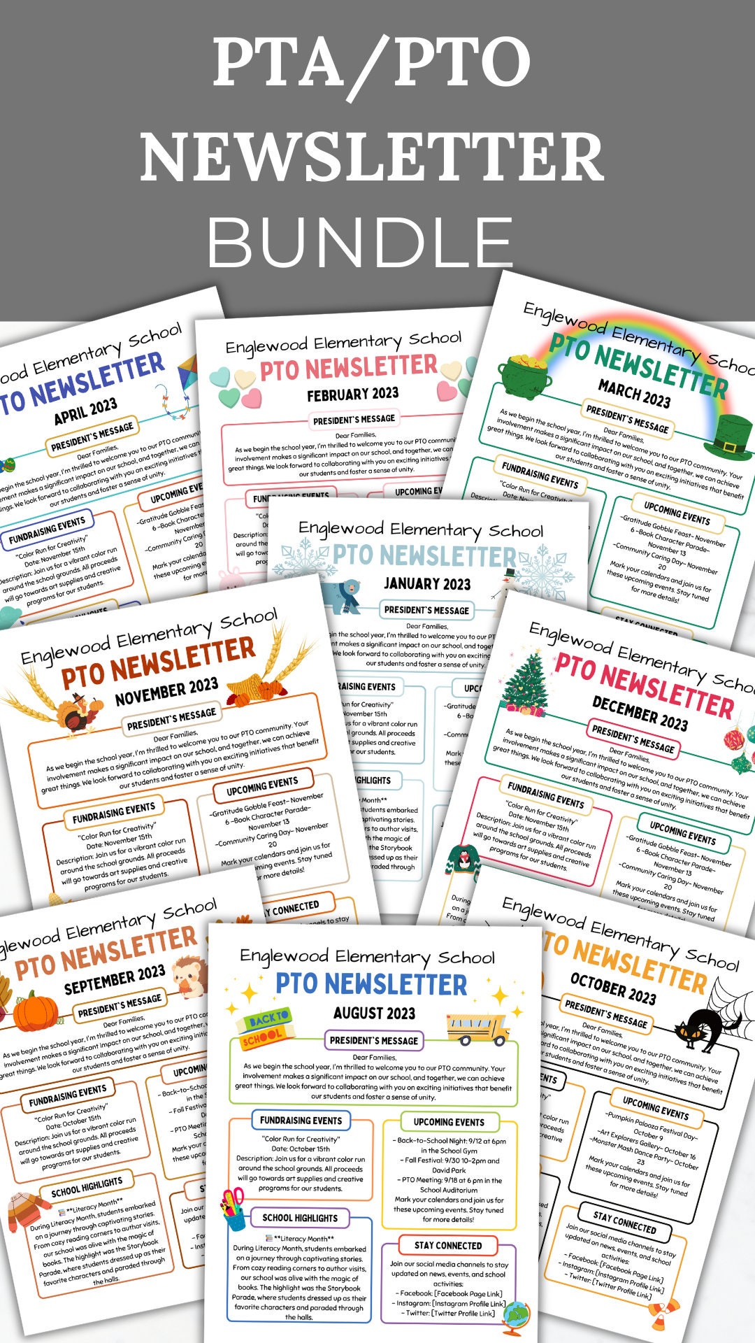 PTA PTO NEWSLETTER Flyer Editable Template Bundle Monthly - Etsy