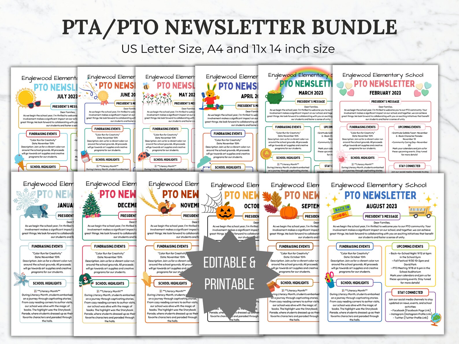 PTA PTO NEWSLETTER Flyer Editable Template Bundle Monthly - Etsy