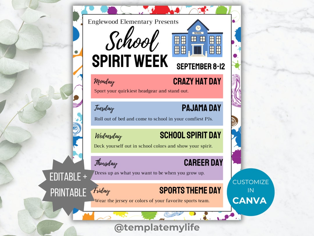 School Spirit Week Flyer PTO Template Back to School Spirit Flyer ...