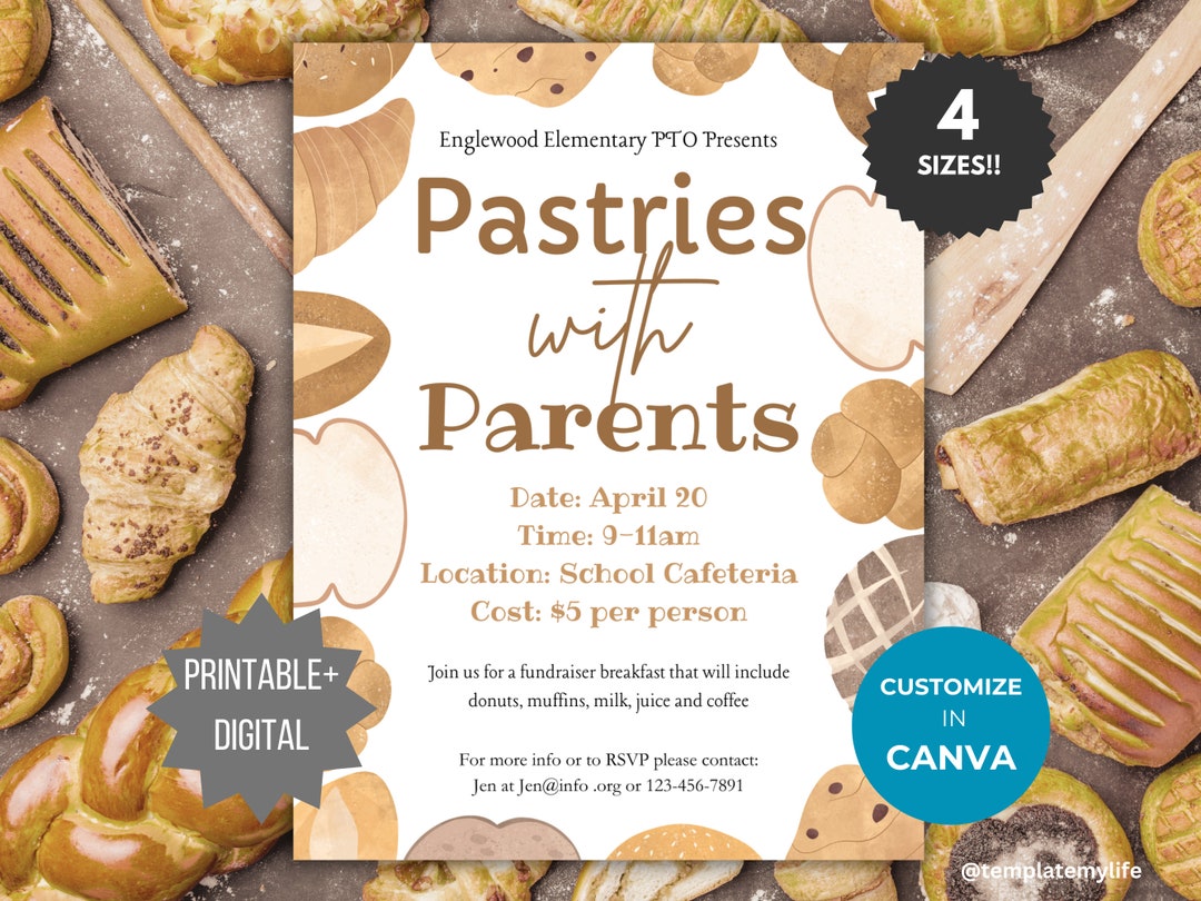 Editable Pastries With Parents Flyer Invite Parent Appreciation PTA ...