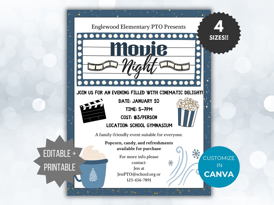 Winter Movie Night Invitation PTO Template School Fundraiser PTA Flyer ...