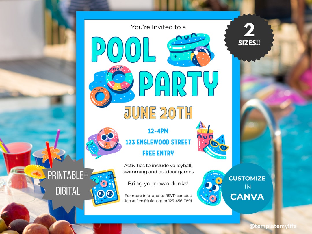 Pool Party Invitation Template Summer Party Invite Editable PTO PTA ...