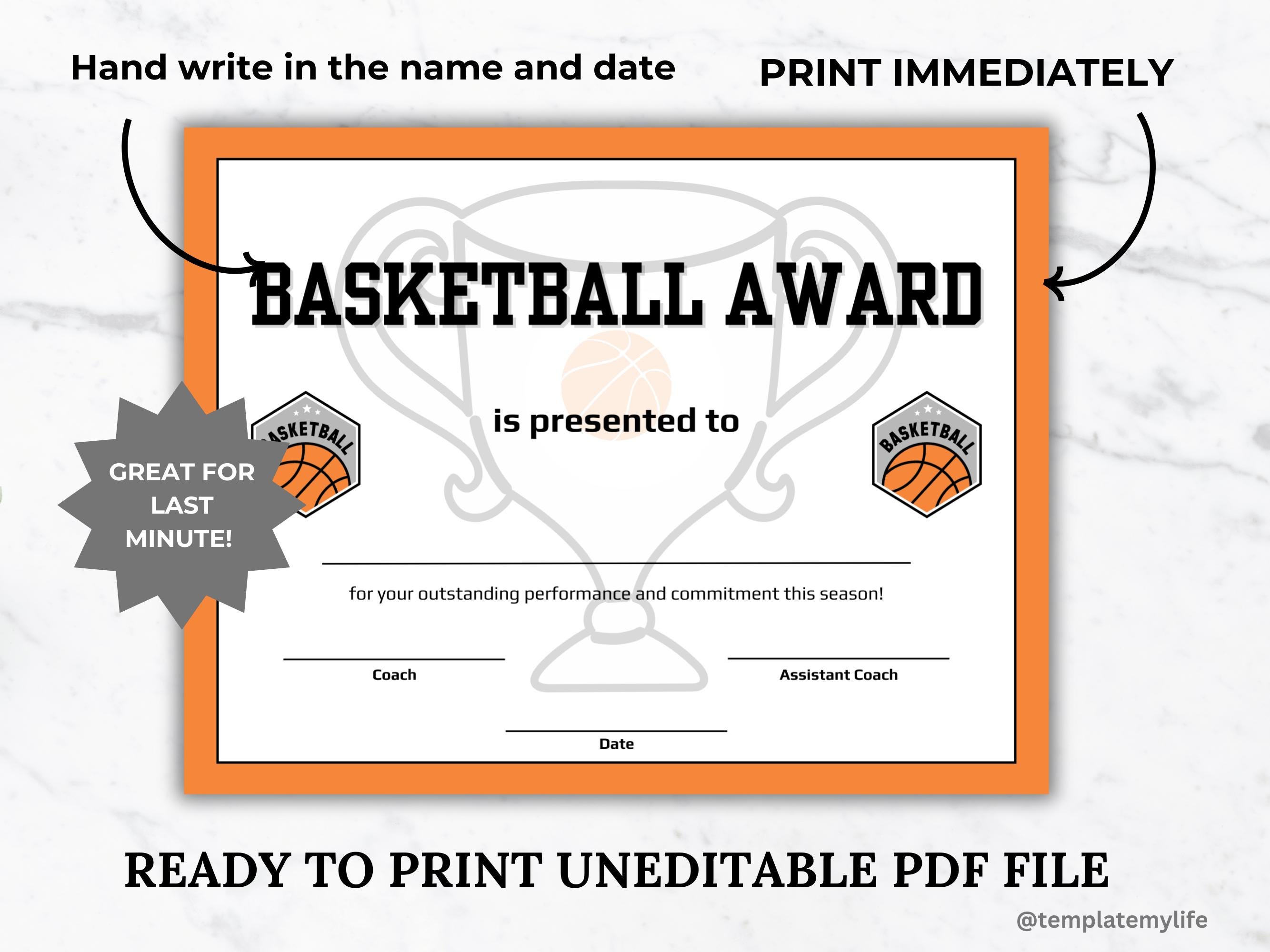 Modèle de certificat de récompense de basket-ball modifiable Modèle de ...