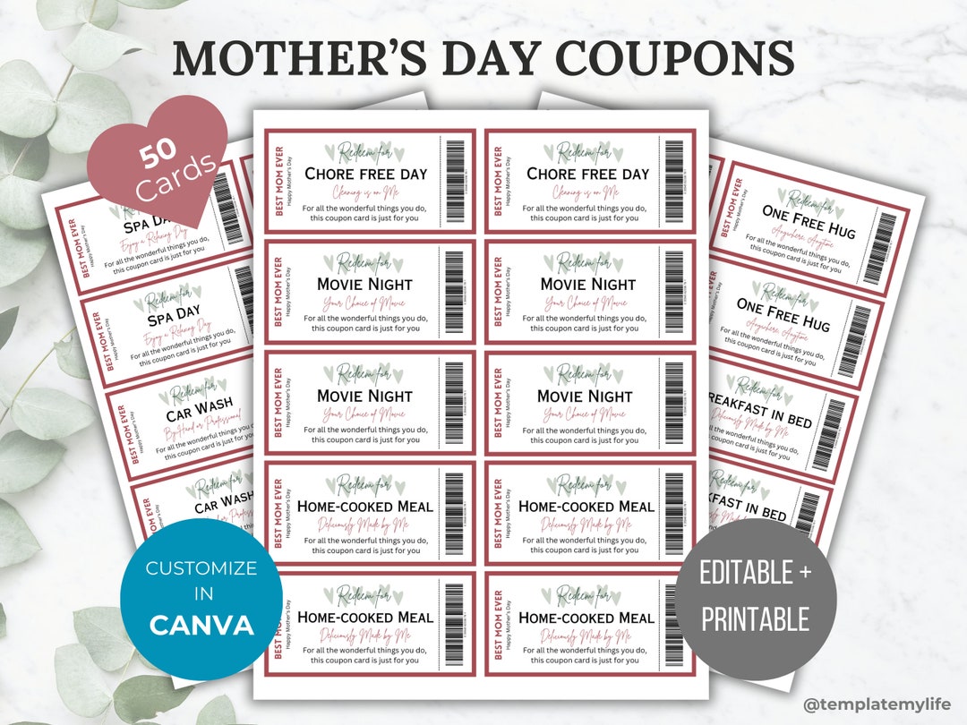 Mothers Day Printable Coupons Last Minute Gift Printable for Mother's ...