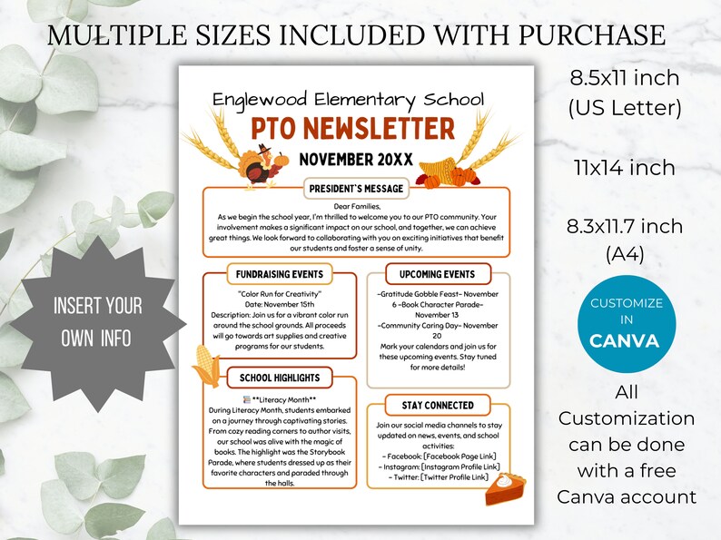 PTA Thanksgiving Newsletter Flyer Printable PTO School - Etsy