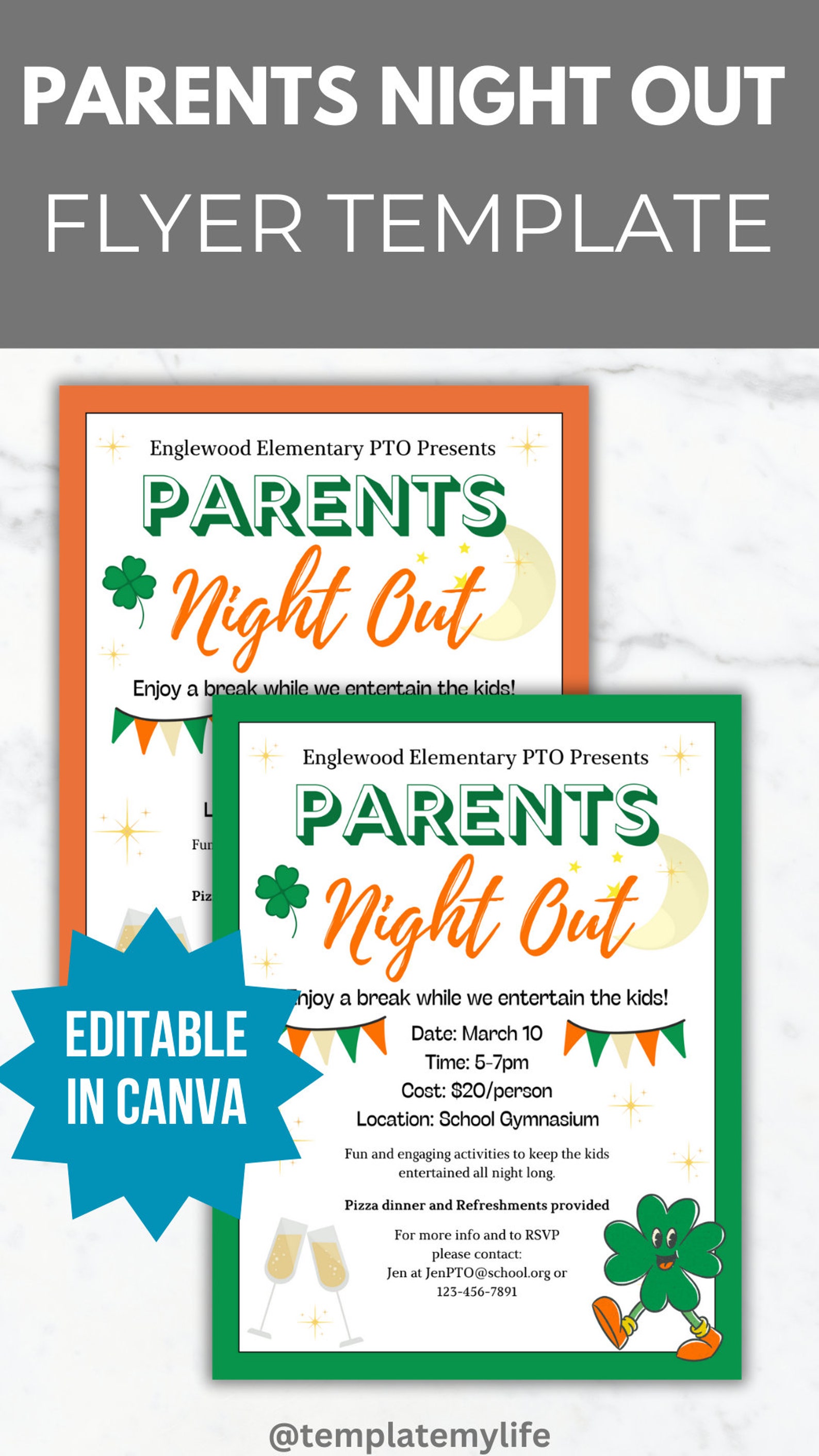 St Patricks Day Parents Night Out Flyer Template PTO School Fundraiser ...