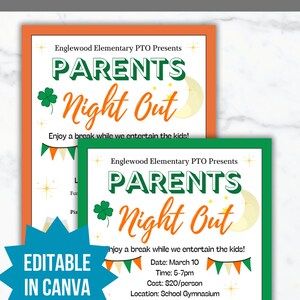 St Patricks Day Parents Night Out Flyer Template PTO School Fundraiser ...