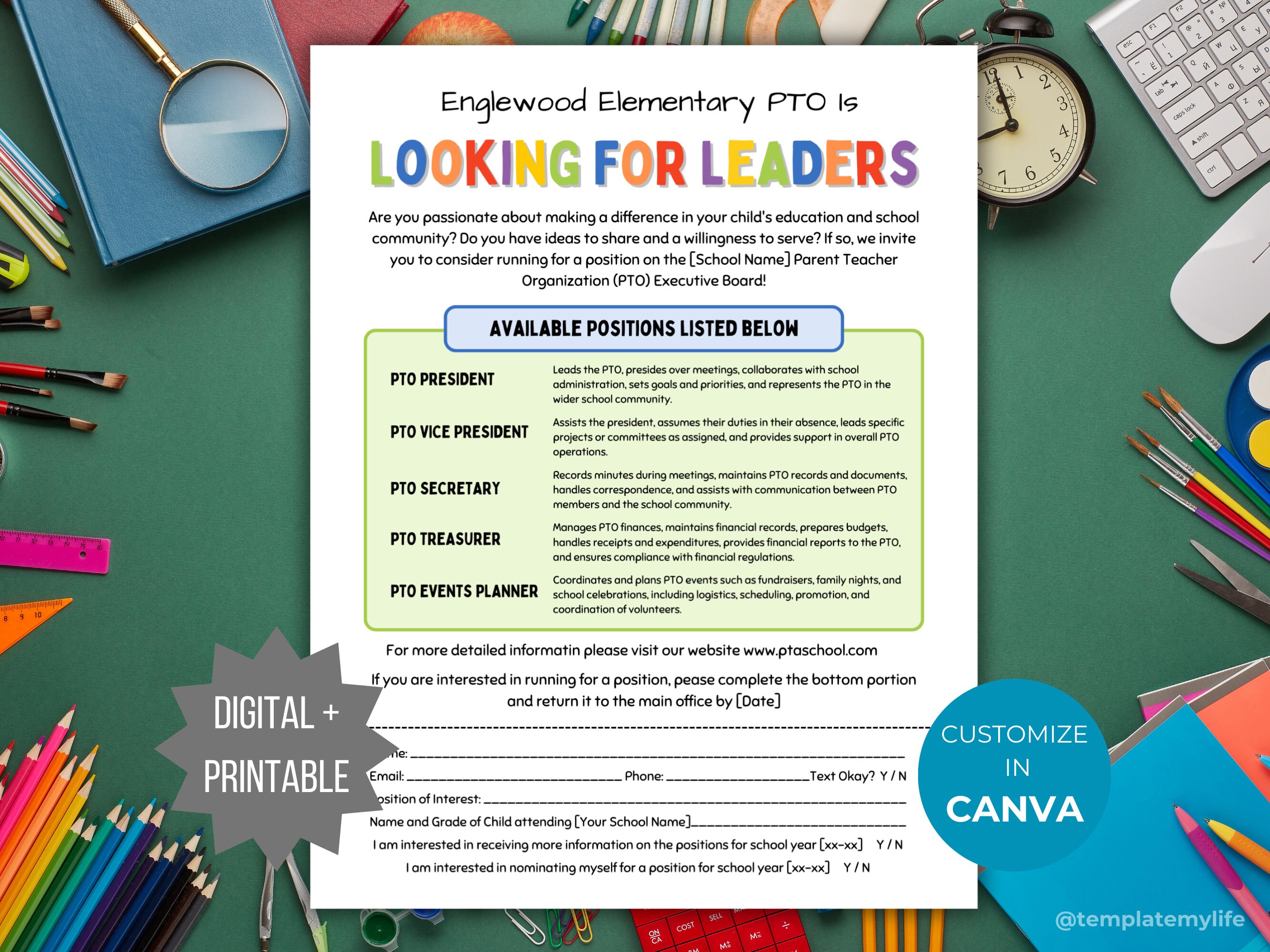 PTA PTO Board Member Recruitment Flyer PTA Election Nomination Form Pto ...