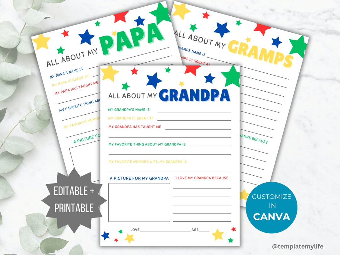 All About My Grandpa Printable Fathers Day Gift Idea Papa Thank You ...