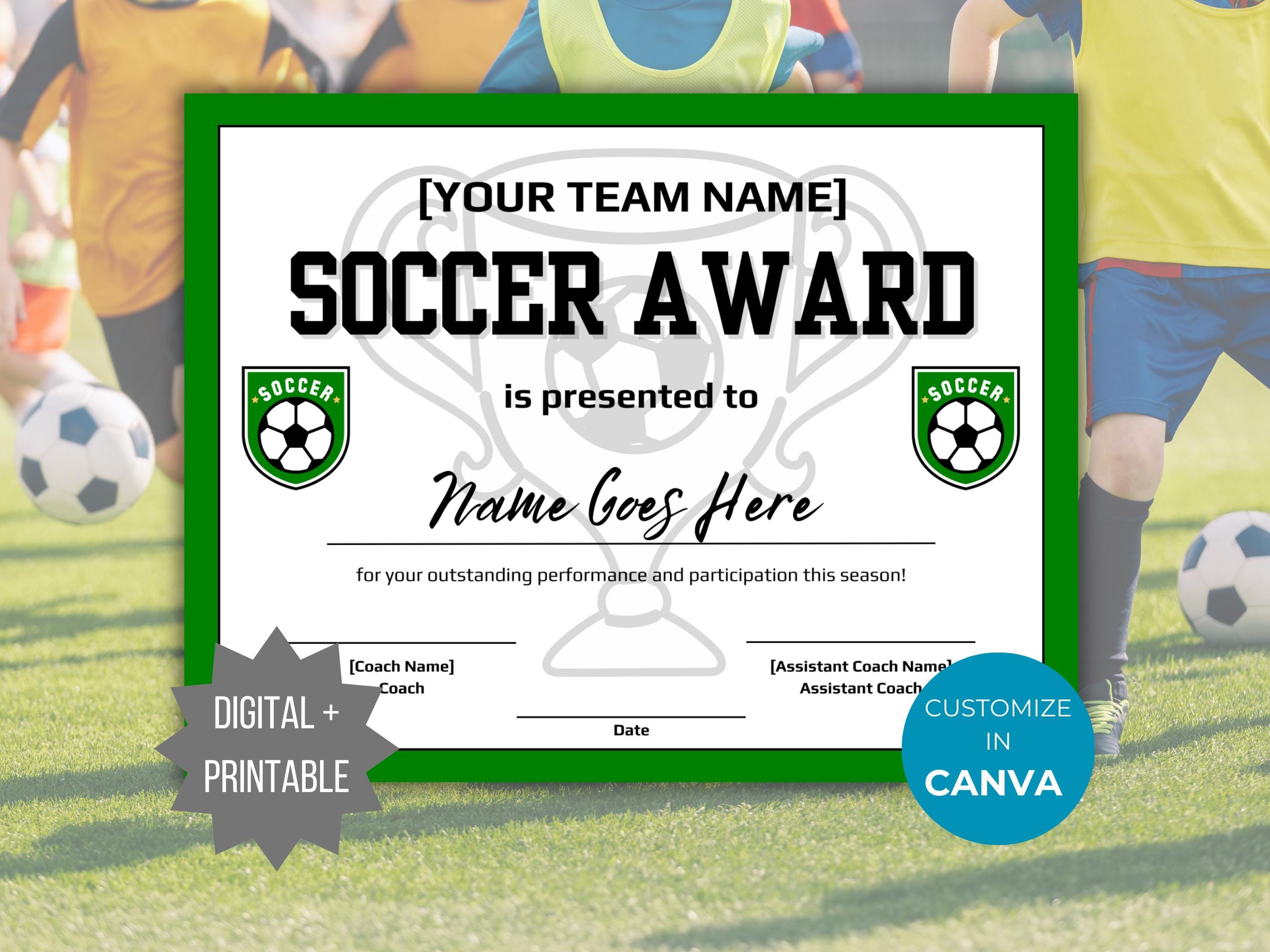 Modèle de certificat de récompense de football modifiable Modèle de ...