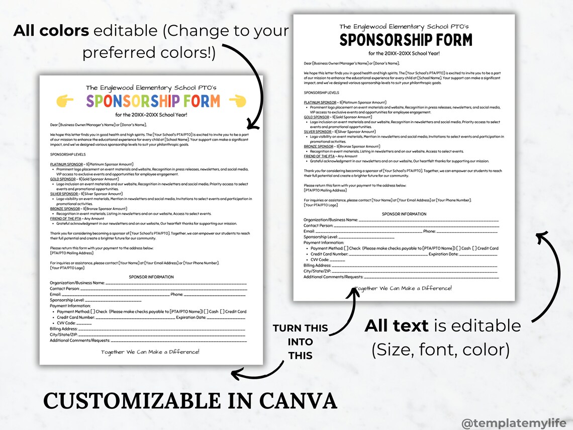 PTA Sponsorship Form Printable PTO Sponsorship Letter Editable Business ...