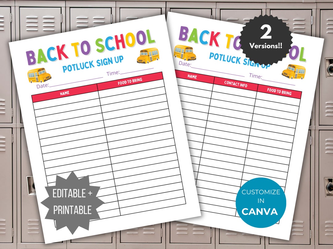 Back to School Potluck Sign up Sheet Template Editable Potluck Sign up ...