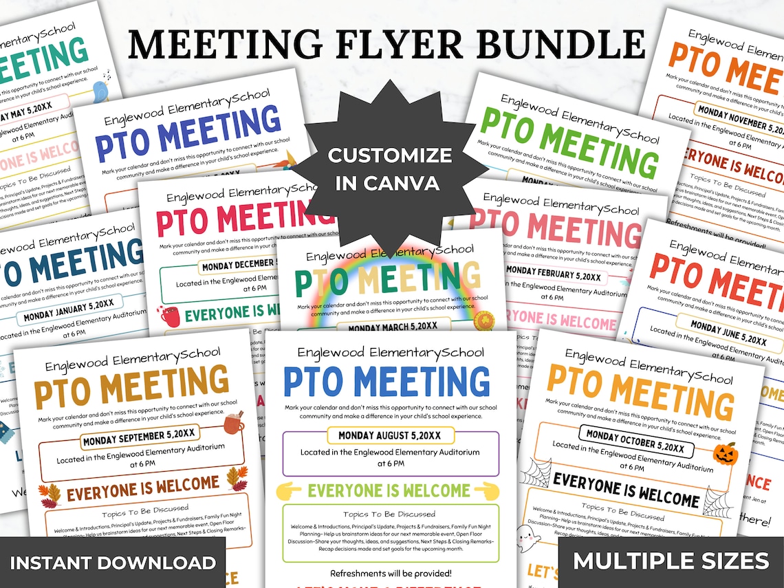 PTO Meeting Flyer Template Bundle Monthly Meeting Invite Pta Flyer ...