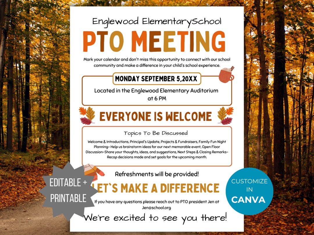 Fall PTA Meeting Flyer Printable PTO Fall Meeting Flyer Editable ...