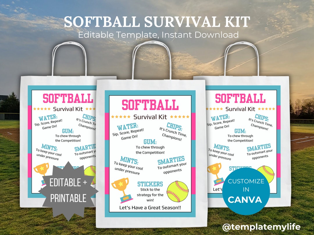 Softball Player Survival Kit Editable Template Softball Team Gift ...
