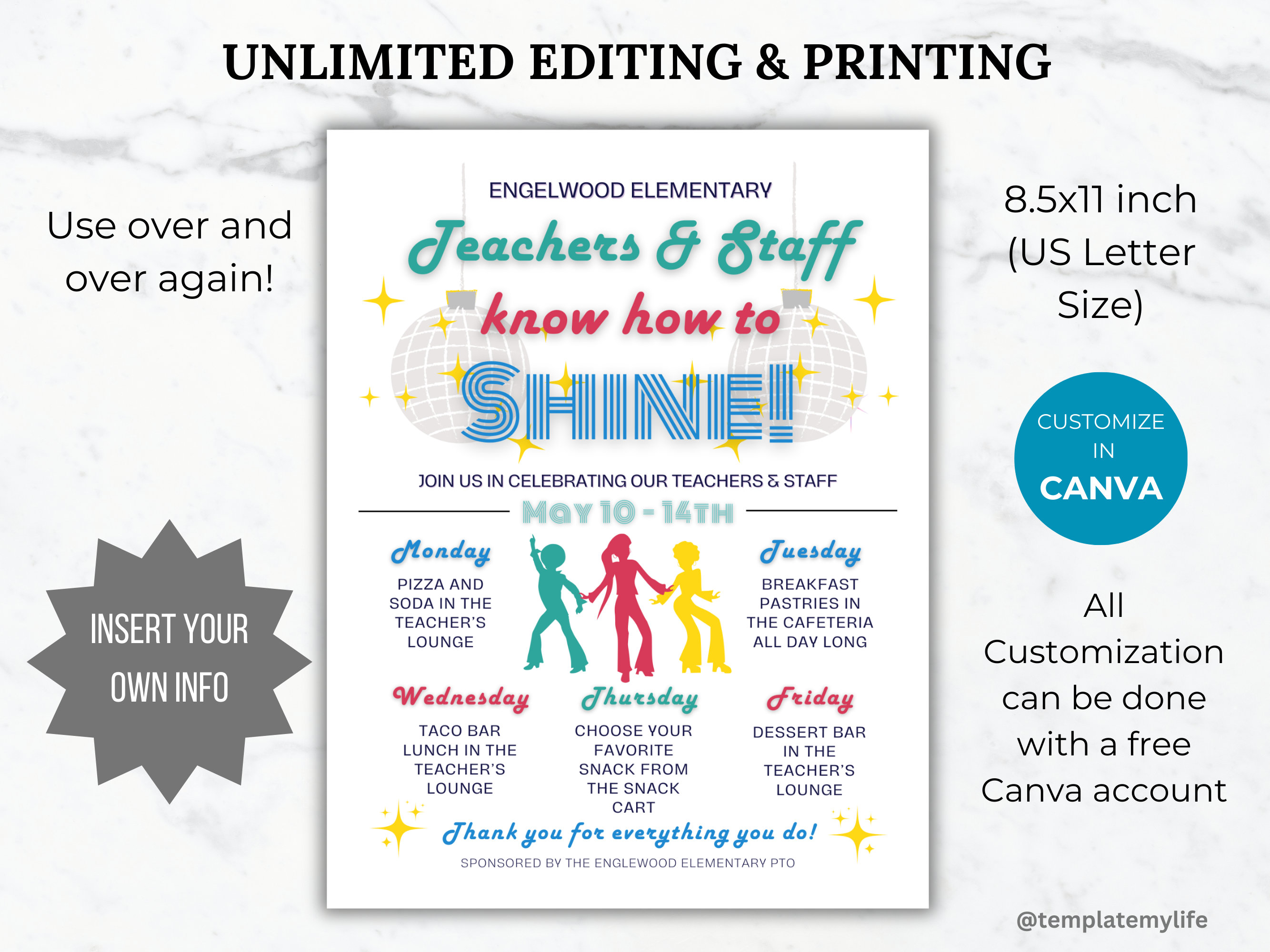 Disco Theme Teacher and Staff Appreciation Week Flyer PTA PTO Template ...