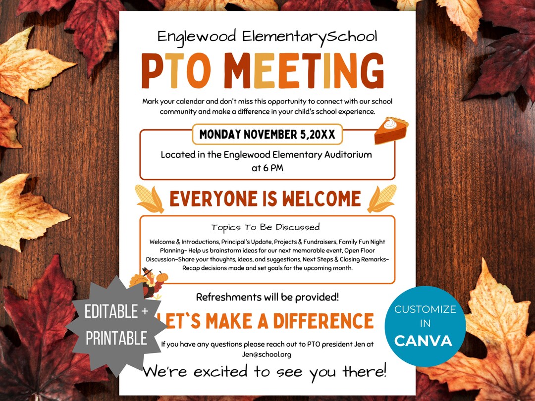 Thanksgiving PTA Meeting Flyer Printable PTO Fall Meeting Flyer ...