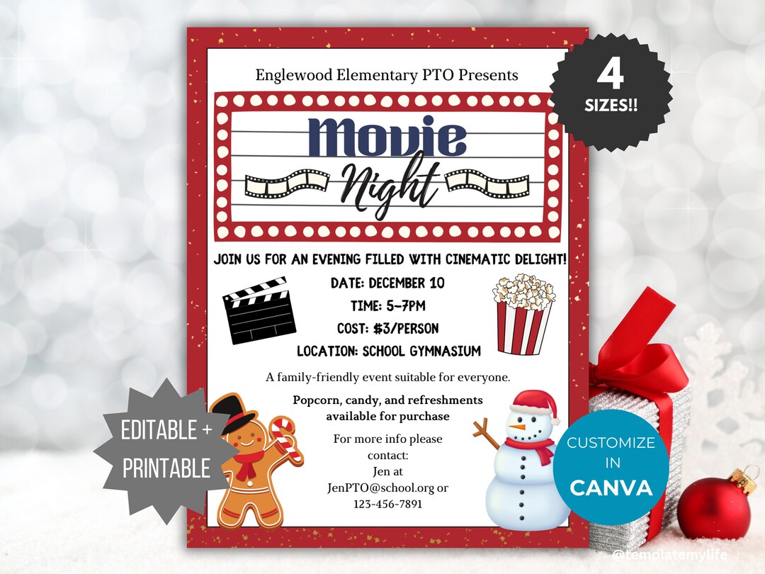 Holiday Movie Night Invitation PTO Template School Fundraiser PTA Flyer ...