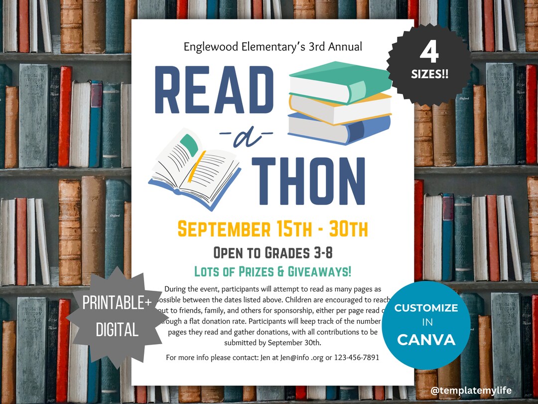 Editable Read a Thon Flyer Printable School Fundraiser Poster Template ...