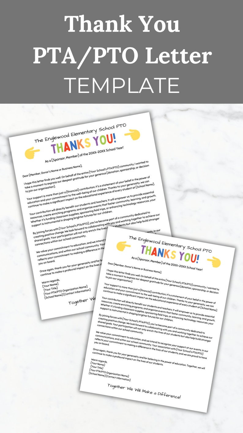 Thank You Letter Template PTO Sponsor Thank You PTA Letter Donation ...